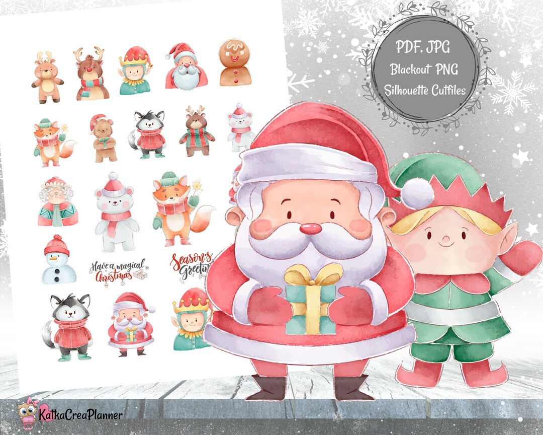 Santa's Helper Watercolor Christmas Stickers, Printable Winter Animal ...