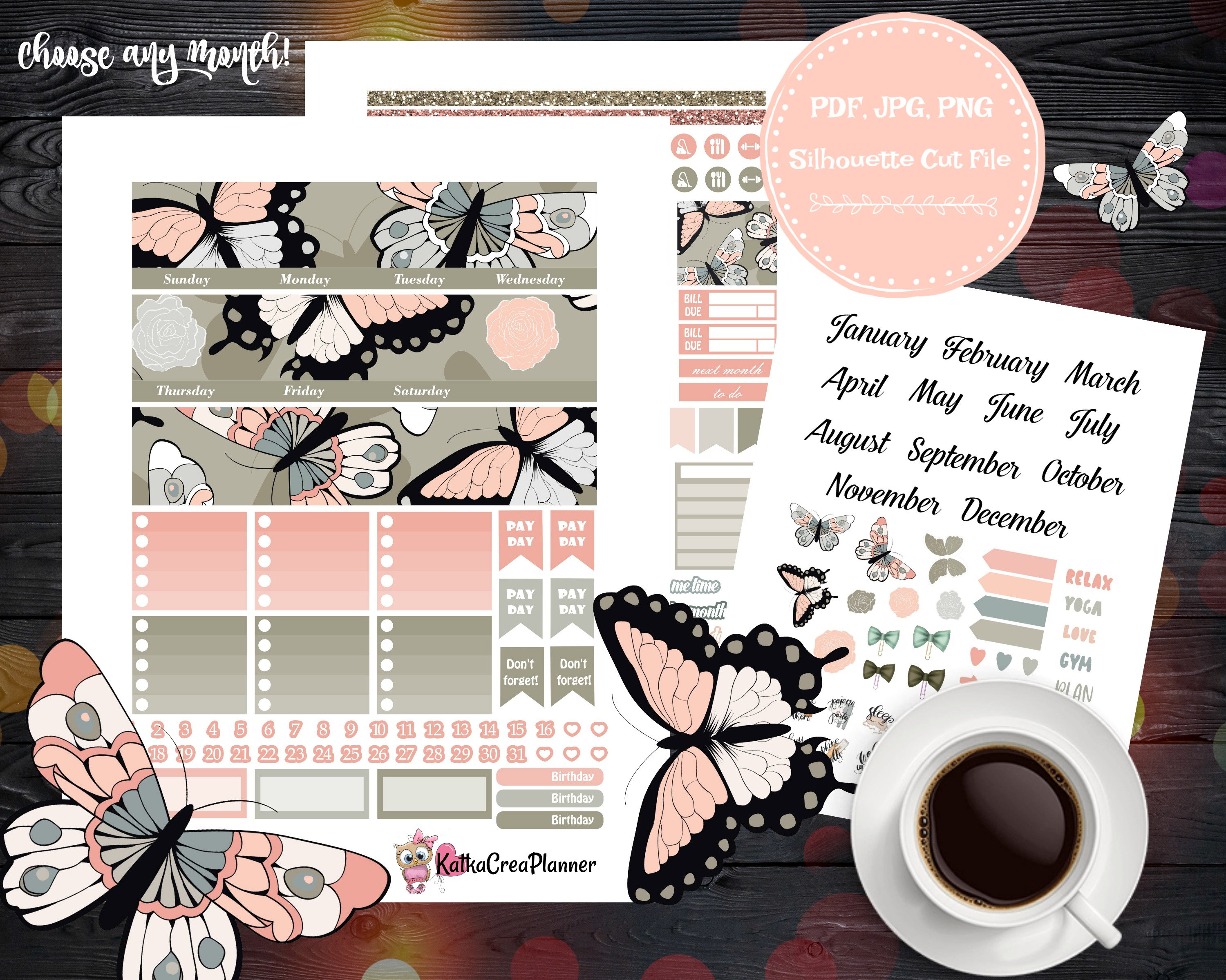 Butterfly Monthly Printable Planner Stickers Floral Monthly - Etsy