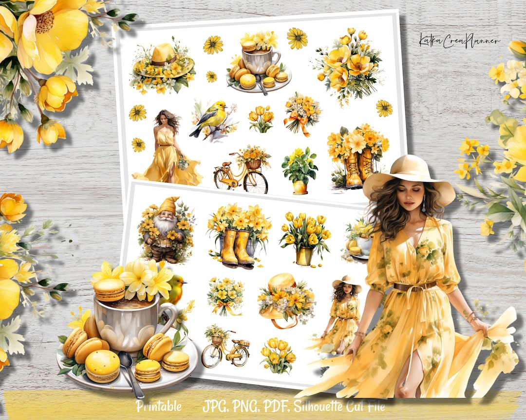 YELLOW Printable Stickers, Bujo Stickers, Floral Watercolor Stickers ...