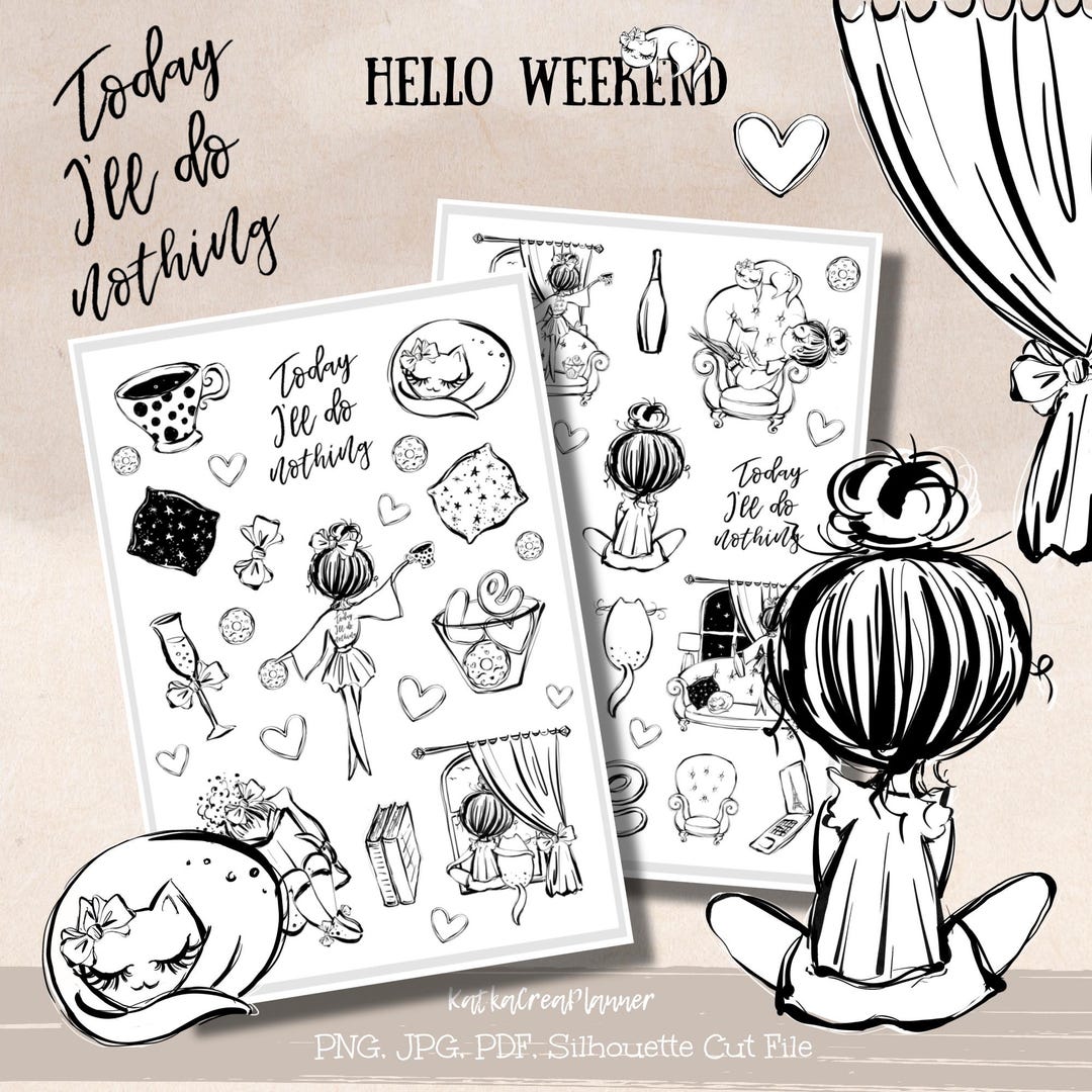 Hello Weekend Printable Planner Stickers: Planner Girl Watercolor Black ...