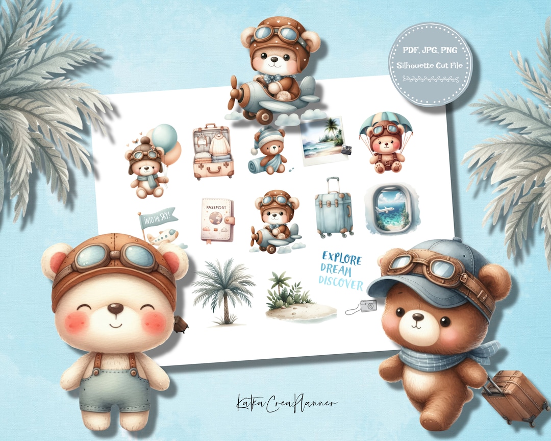 Travel Teddy Bear Stickers: Watercolor Adventure Bujo Planner (digital ...