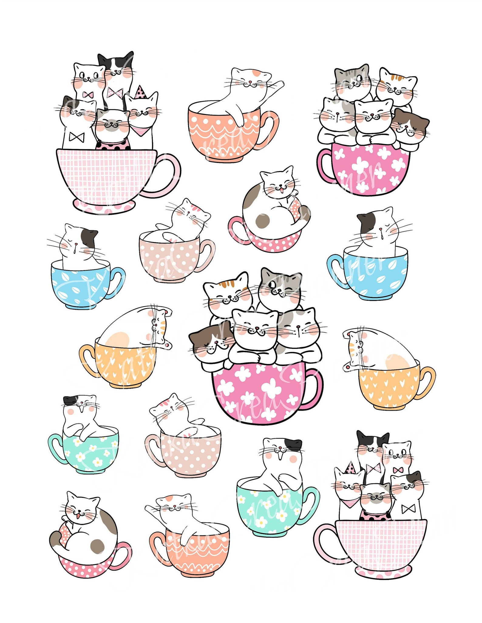 Cute Cat in Teacup Printable Planner Stickers Kawaii - Etsy