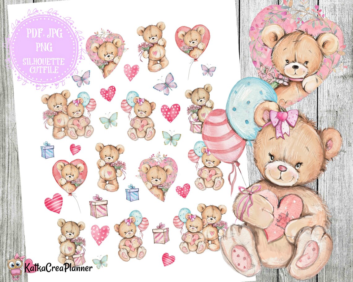 Cute Teddy Bear Printable Planner Stickers, Kawaii Stickers, Heart ...