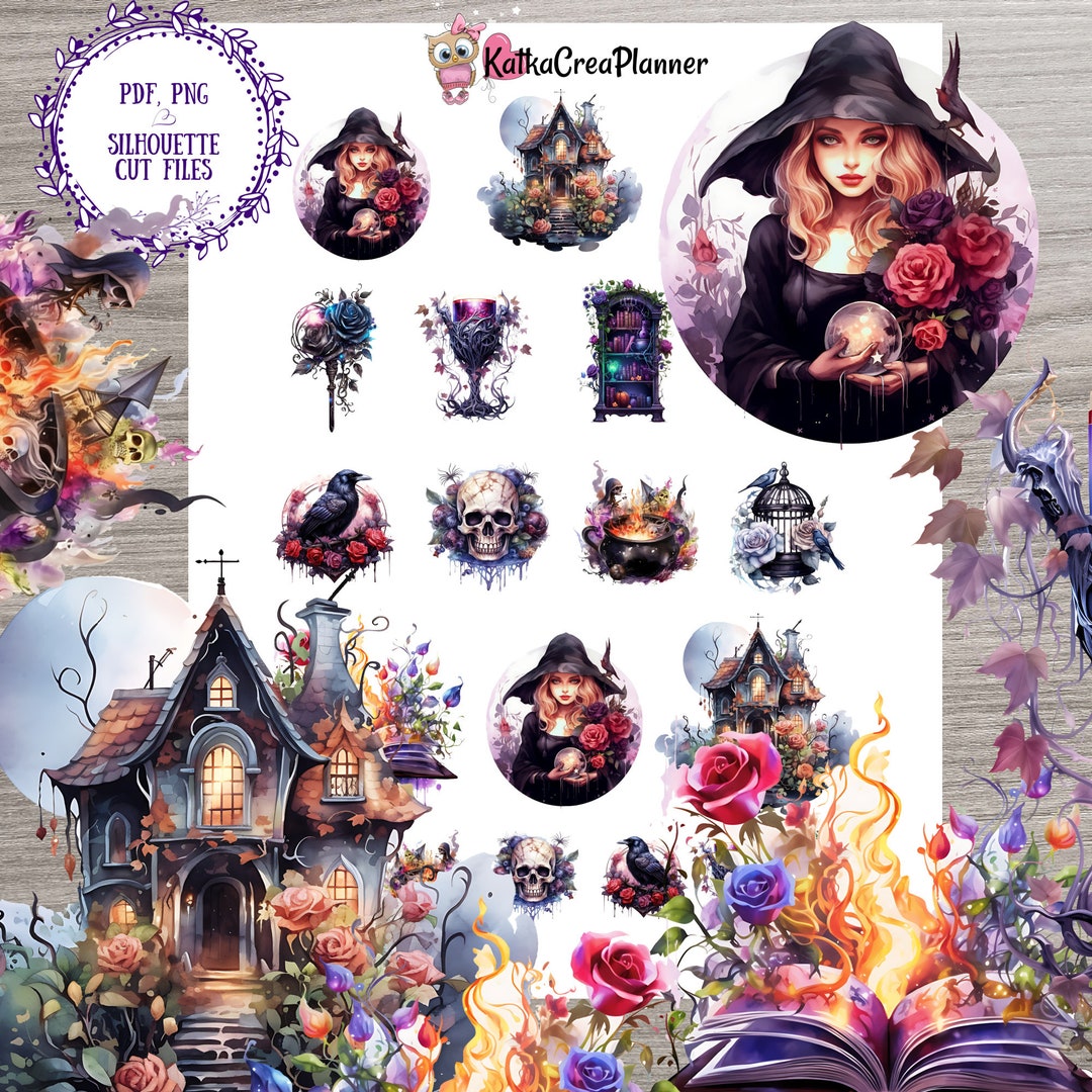 MYSTICAL NIGHT Printable Stickers, Halloween Stickers, Gothic Scrapbook ...