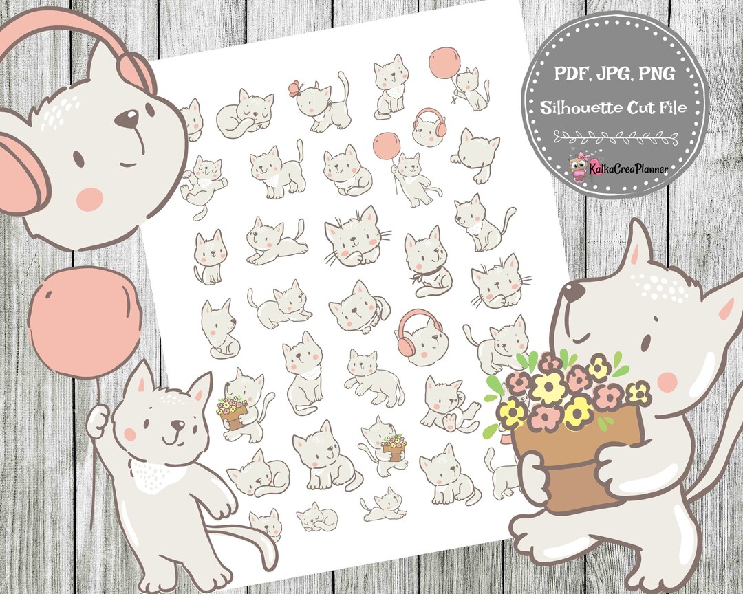 CUTE LITTLE CAT Printable Planner Stickers, Bujo Stickers, Kitten ...