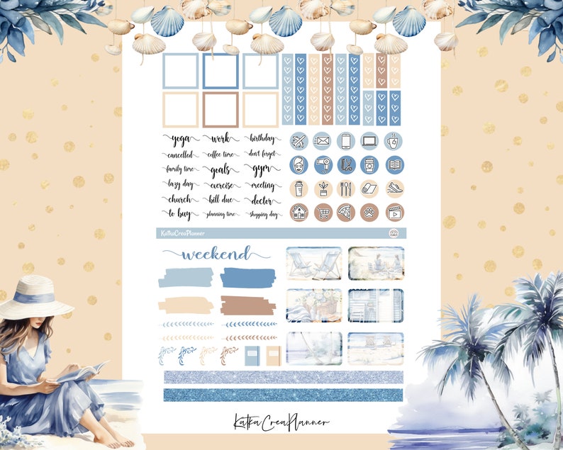 Beach Lover Planner Stickers: Watercolor Summer Kit (digital Download ...
