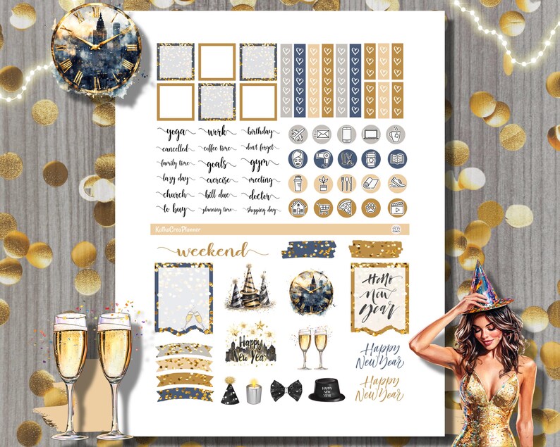 Happy New Year Planner Stickers: Watercolor Party Kit (PDF, PNG ...