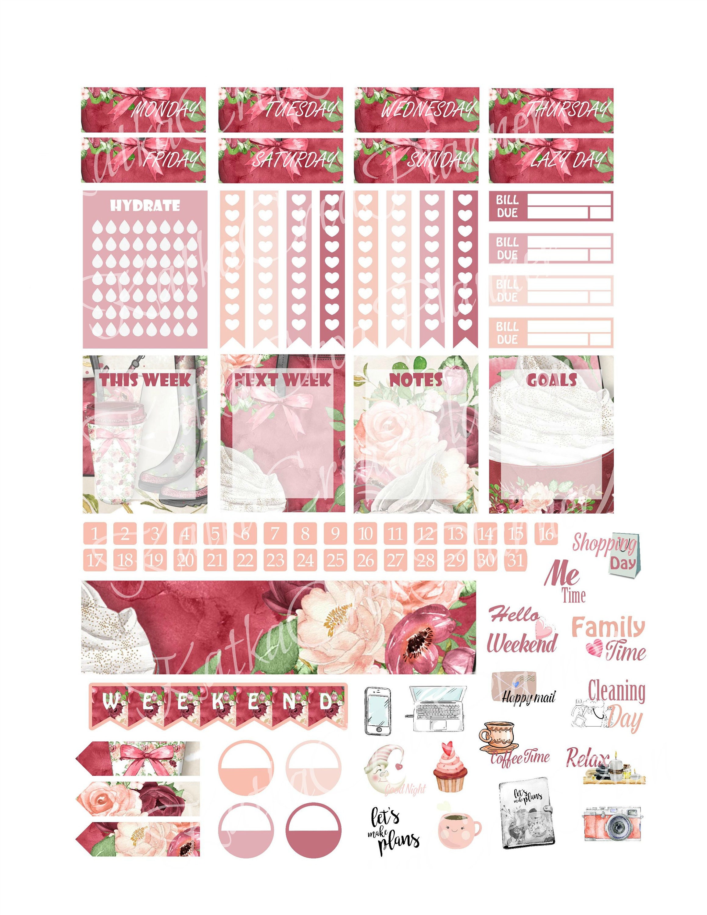 Rain Romance Printable Planner Stickers Erin Condren Weekly | Etsy