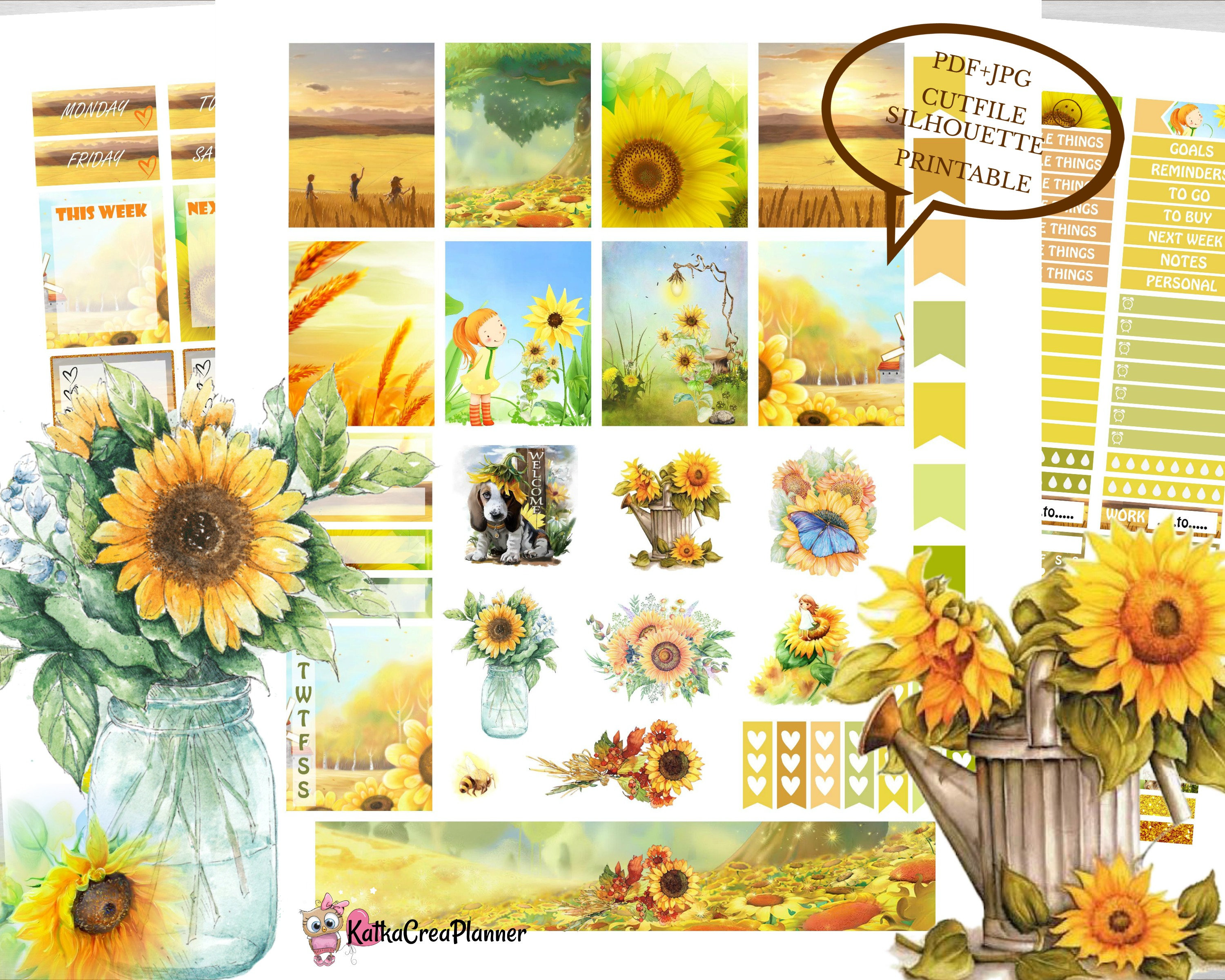 Sunflower Printable Planner Stickers for Erin Condren Vertical | Etsy