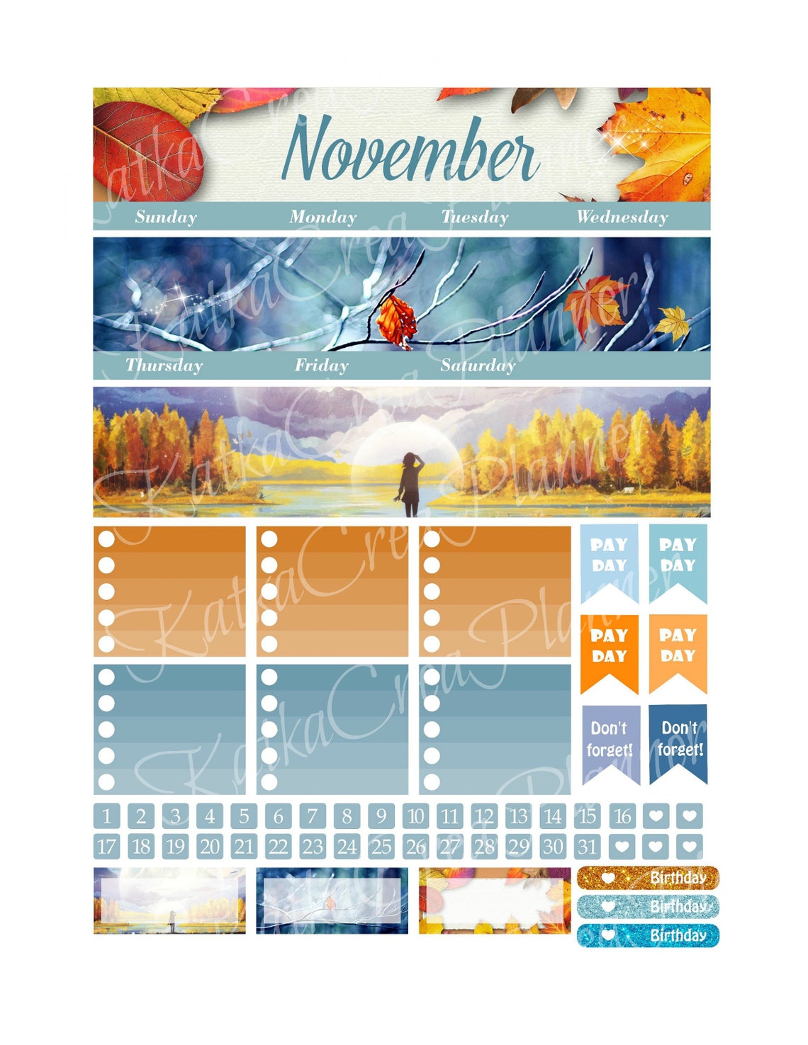November Printable Monthly View Stickers Autumn Planner | Etsy