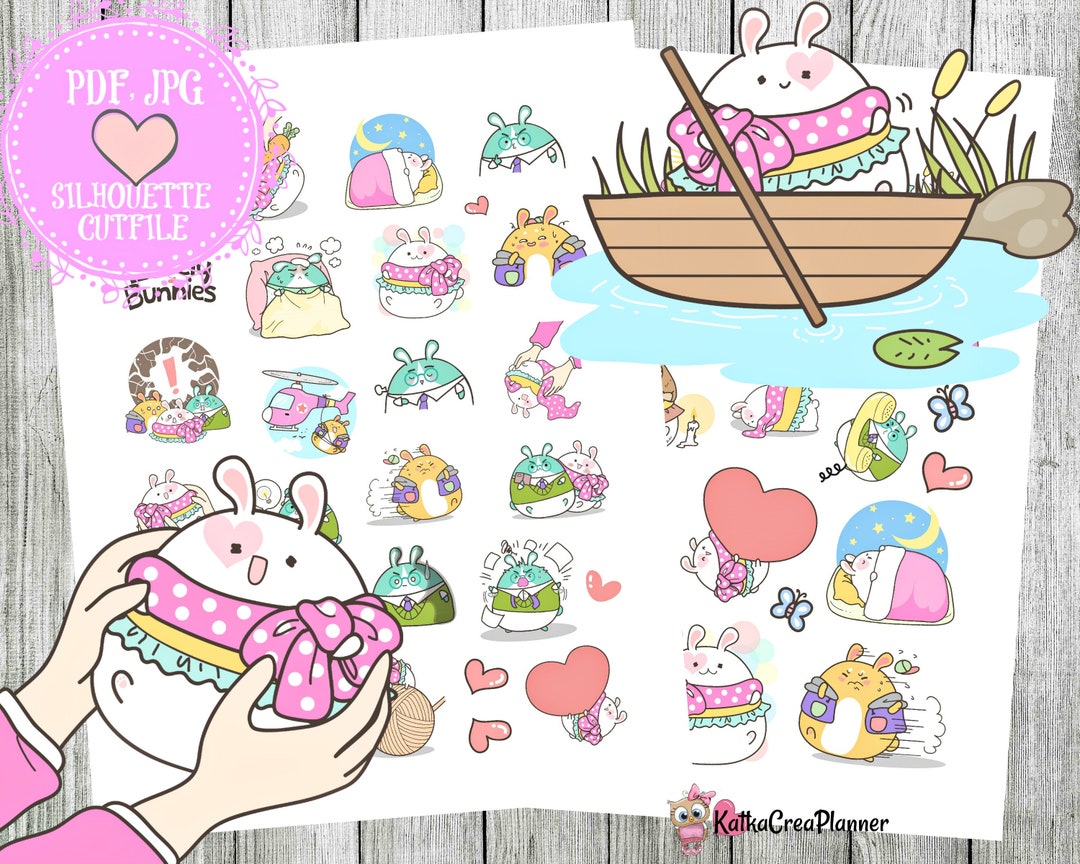 Lovely Bunny Printable Planner Stickers, Kawaii Stickers, Cute Pet