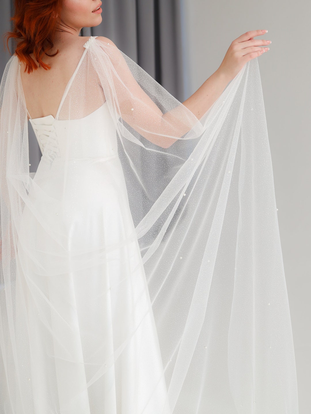 Bridal Cape Veil Pearl and Glitter Light Ivory Tulle Capelet Long ...
