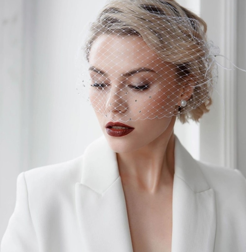 White Birdcage Veil Wedding Scattered Rhinestone Fascinator - Etsy