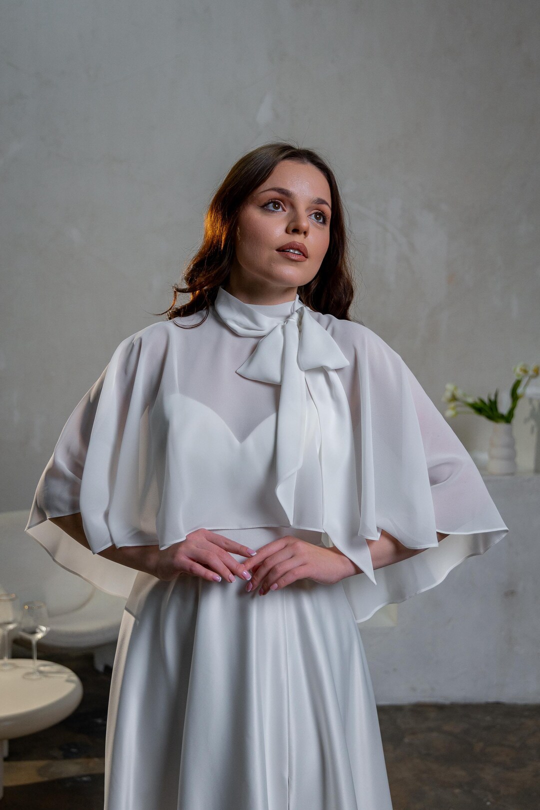High Neck Bolero Silk Chiffon Bridal Capelet With Scarf - Etsy