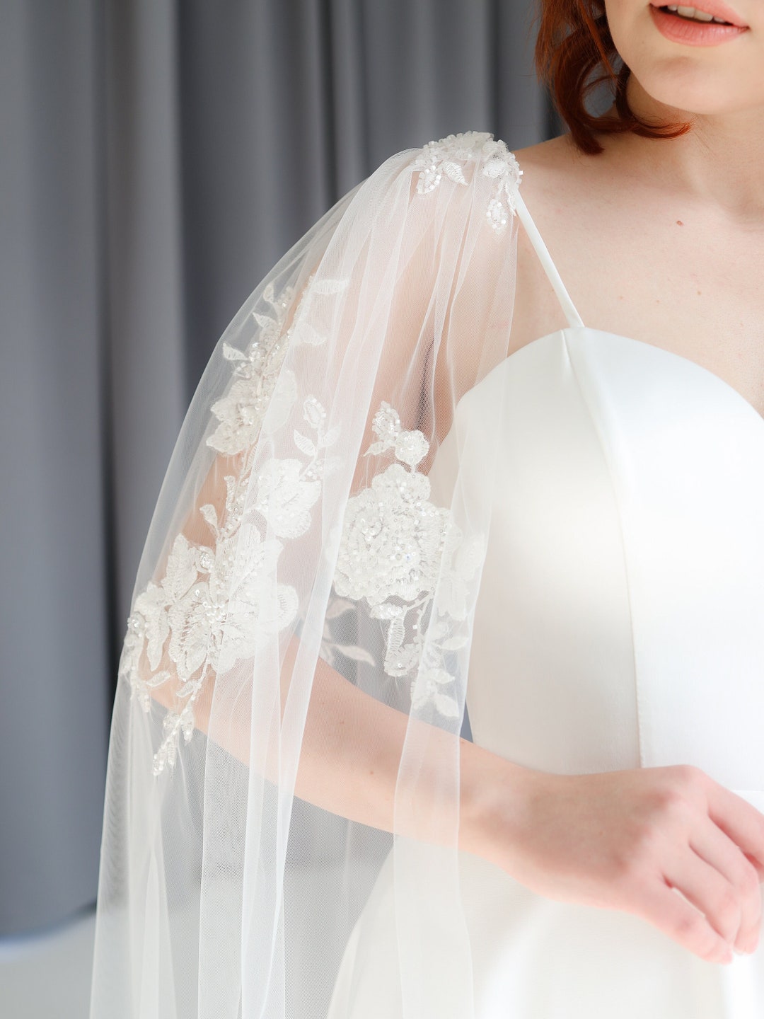 Detachable Bridal Cape Light Ivory Bride Plain Wedding Tulle Capelet ...