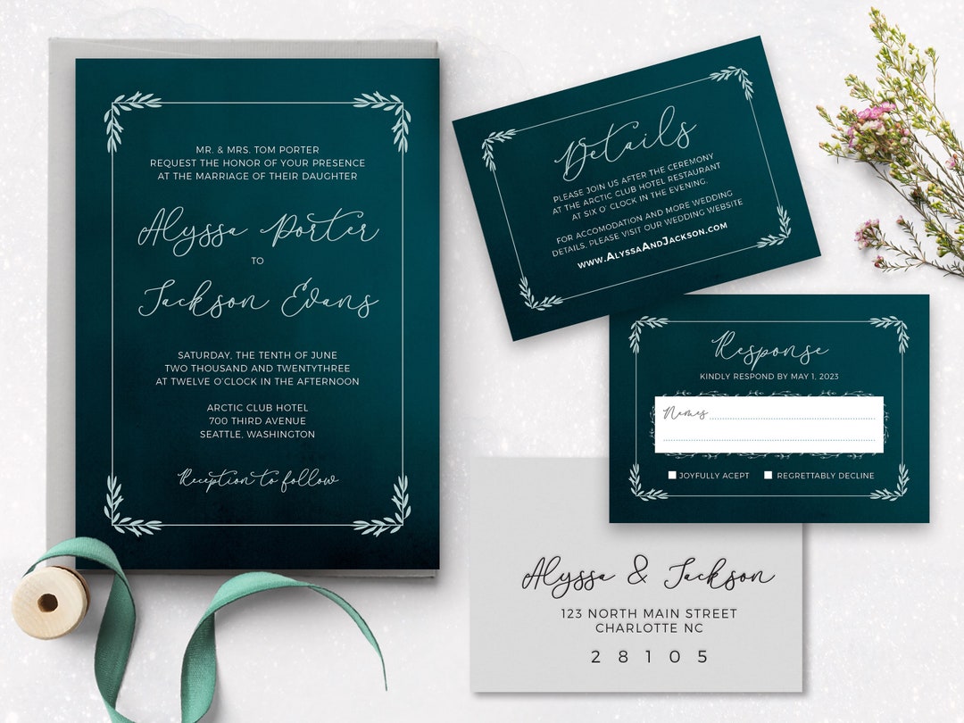 Teal Wedding Invitation Set Printable Wedding Invitation, Personalized ...