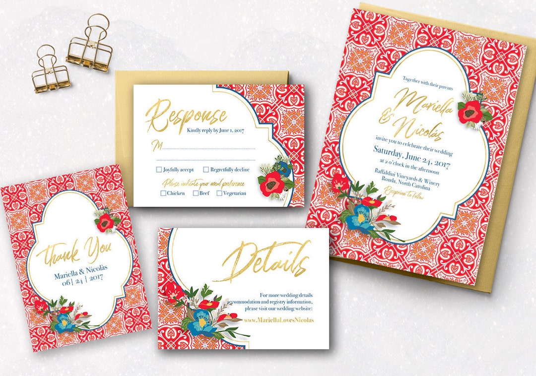 Spanish Tile Wedding Invitation Set: Red Mosaic (digital Files) - Etsy