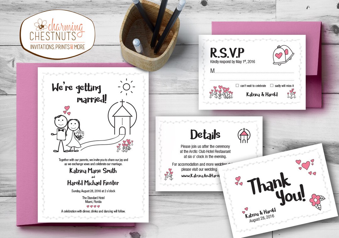 Cartoon Wedding Invitation Set, Stick Figure Wedding, Printable Wedding ...