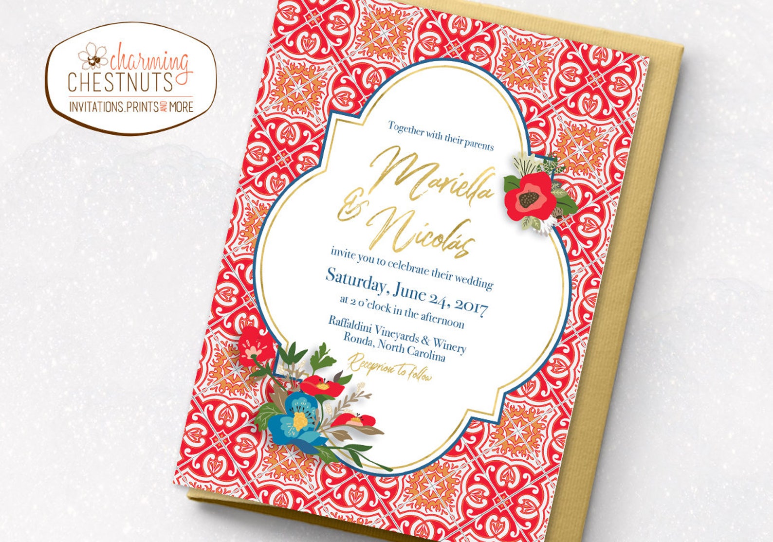 Spanish Tile Wedding Invitation Set: Red Mosaic (digital Files) - Etsy