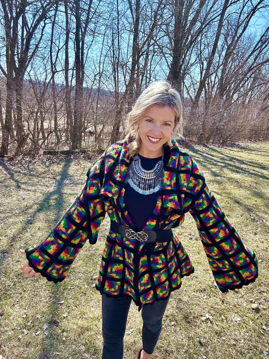 Wild Rainbow Granny Square Wing Collar Crochet Coat - Etsy