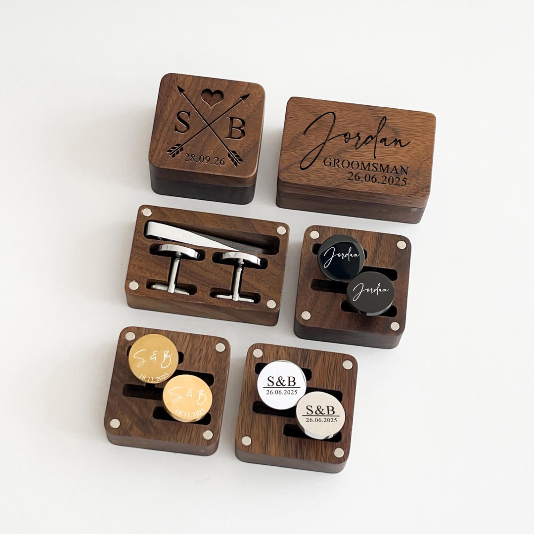Personalized Cufflinks Tie Clip Box, Engraved Groomsmen Cufflinks ...