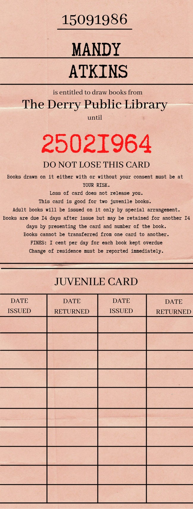 Bookmark Stephen King's IT Derry Library Card for Horror - Etsy