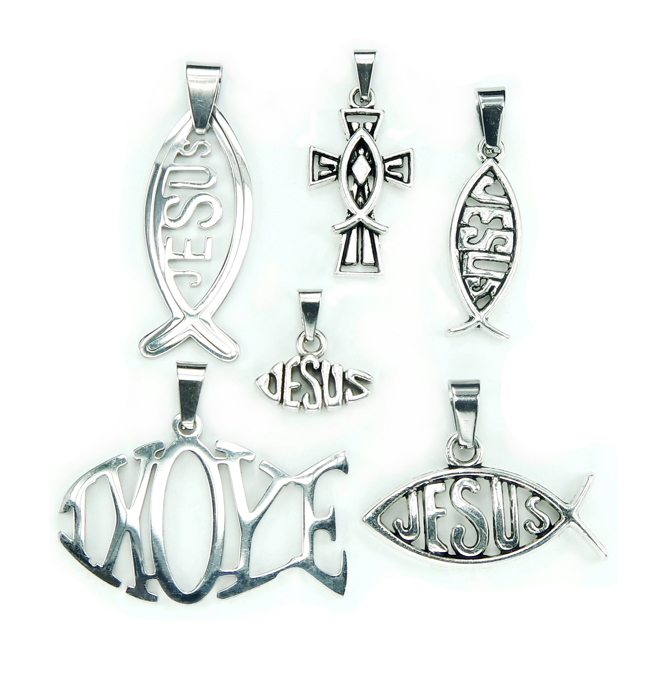 6pc Set Ichthys Charms, Jesus Fish Pendants, Six Different Charms for ...