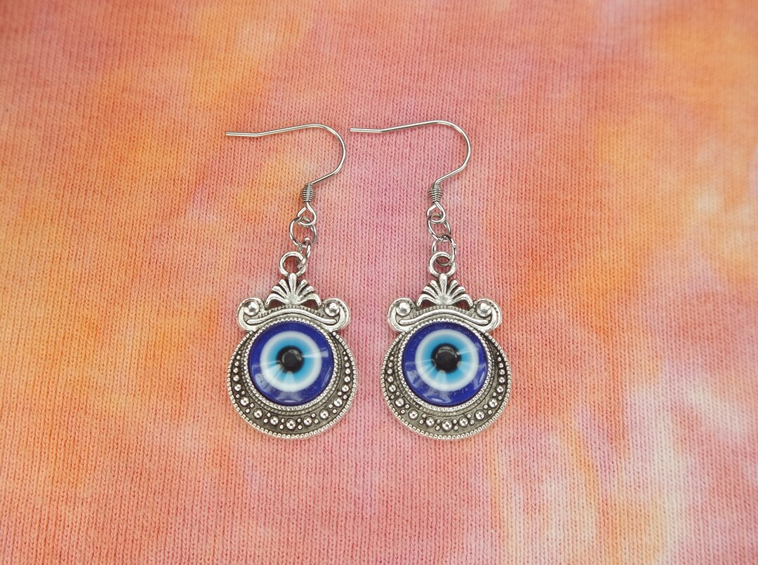 Evil Eye Earrings, Hypo Allergenic Earwires, Blue Eye on Antiqued ...