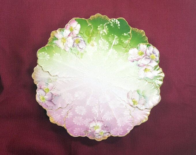 German Porcelain Plate, Antique Pastel Pink and Green Floral ...