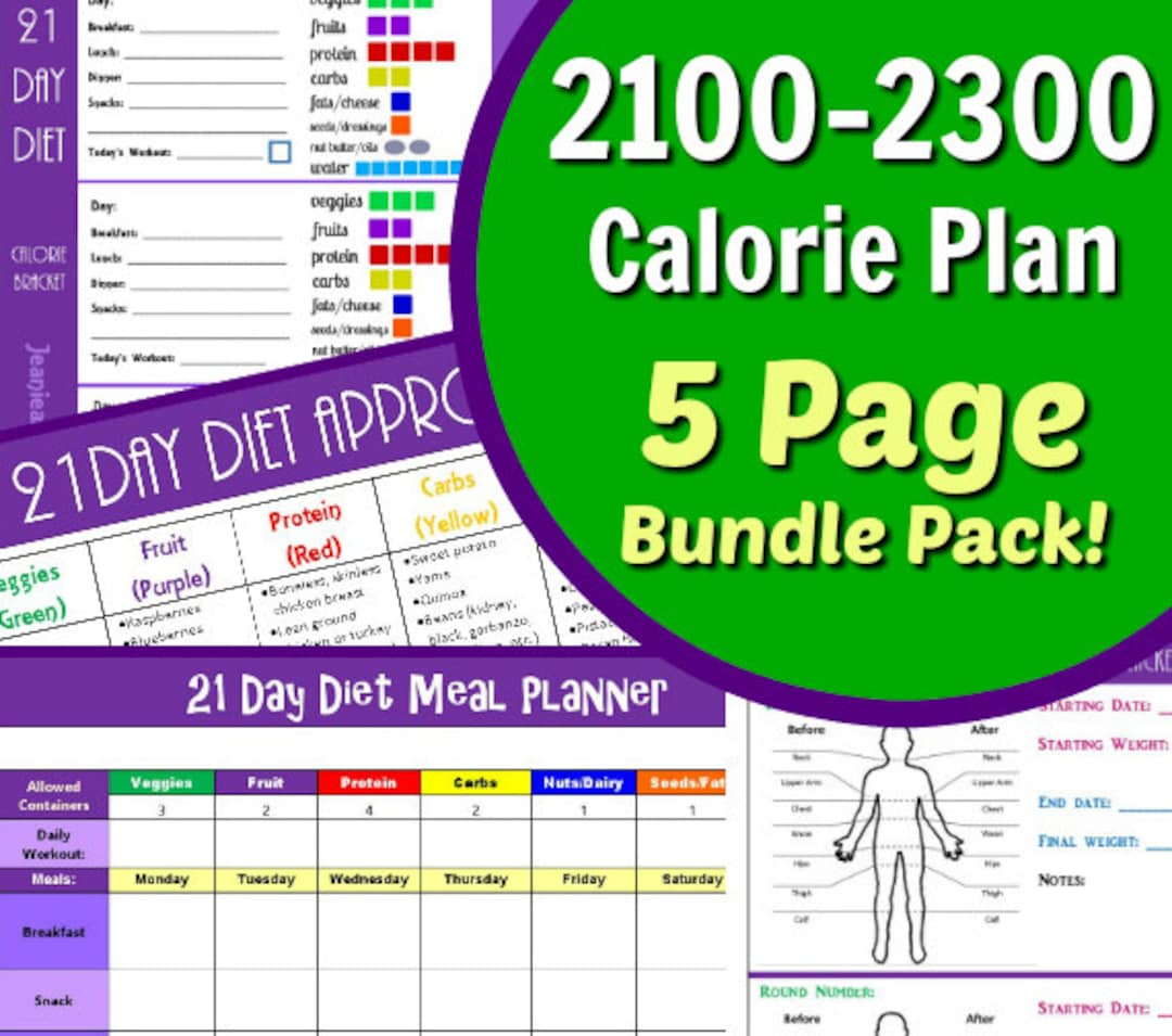 21 Day Diet Plan for 2100-2300 Calorie Bracket -5 Page PDF BUNDLE: Meal ...