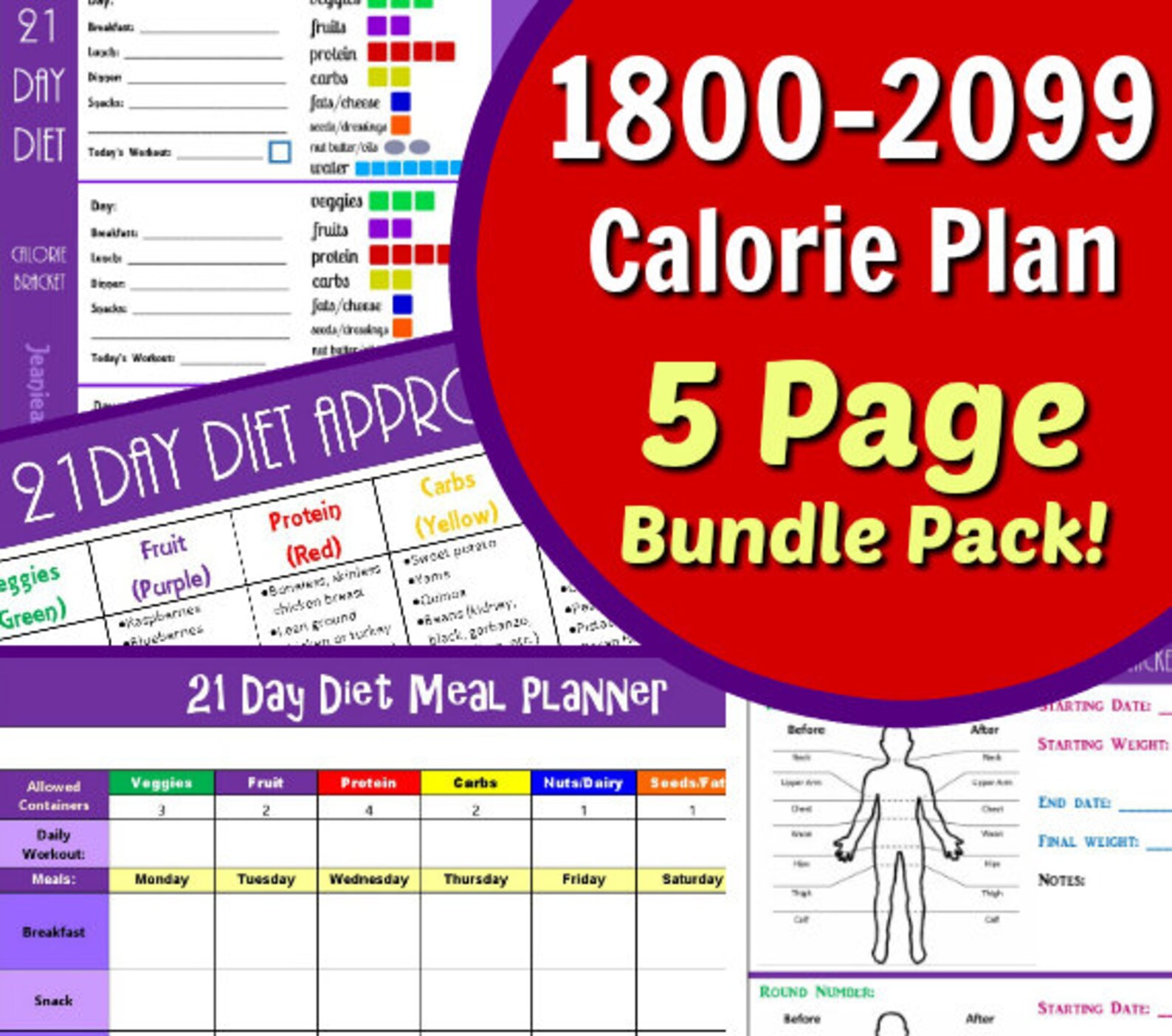 21 Day 1800-2099 Calorie Diet Plan - 5 Page PDF BUNDLE: Menu and ...