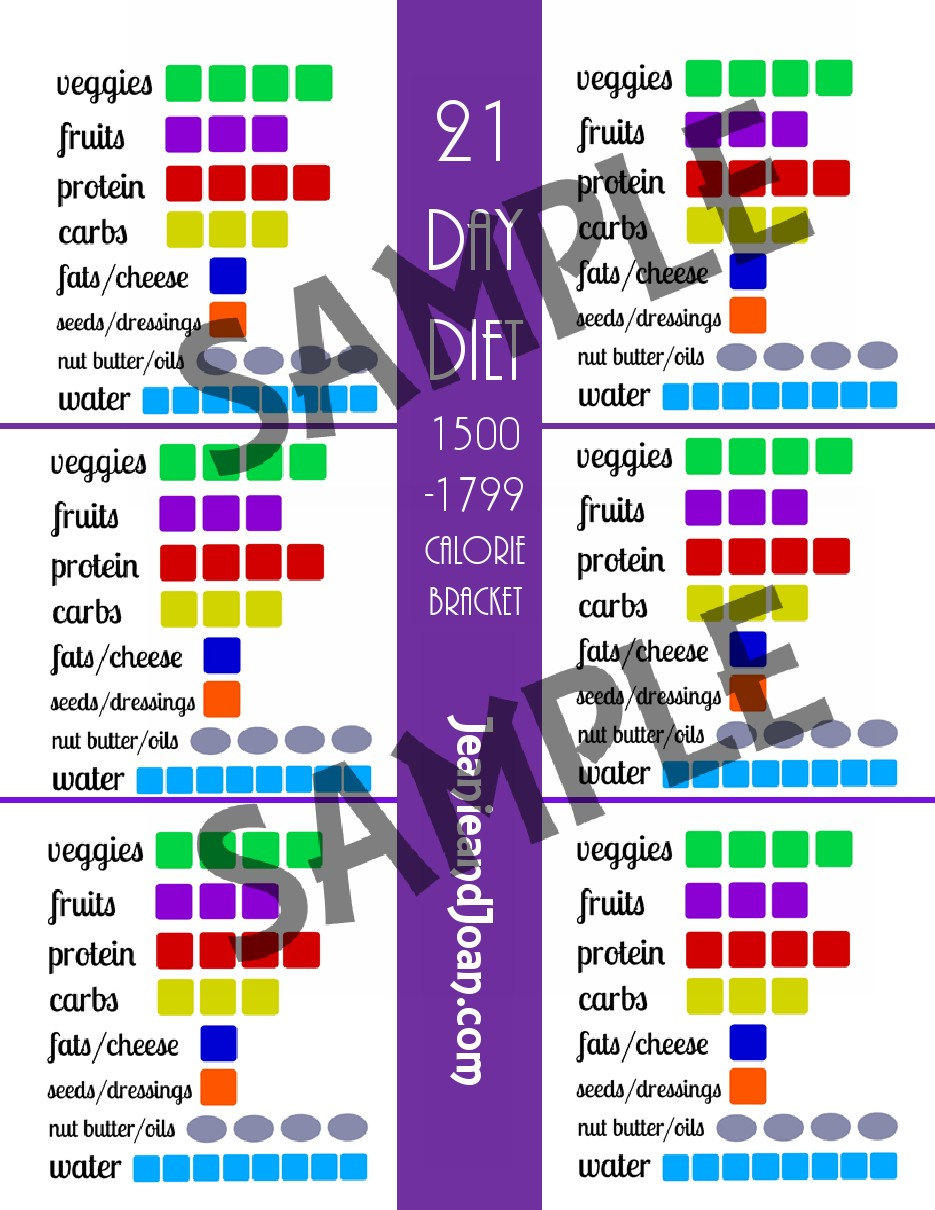 21 Day Diet Printables: 2 Page 1500-1799 Calorie Container Tracking ...
