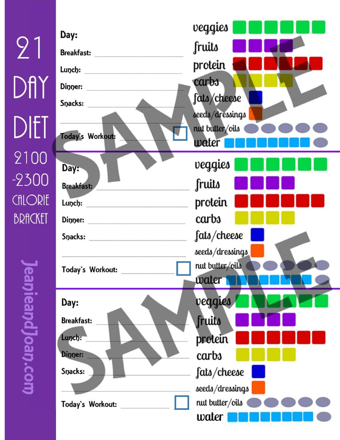 21 Day Diet Plan for 2100-2300 Calorie Bracket -5 Page PDF BUNDLE: Meal ...
