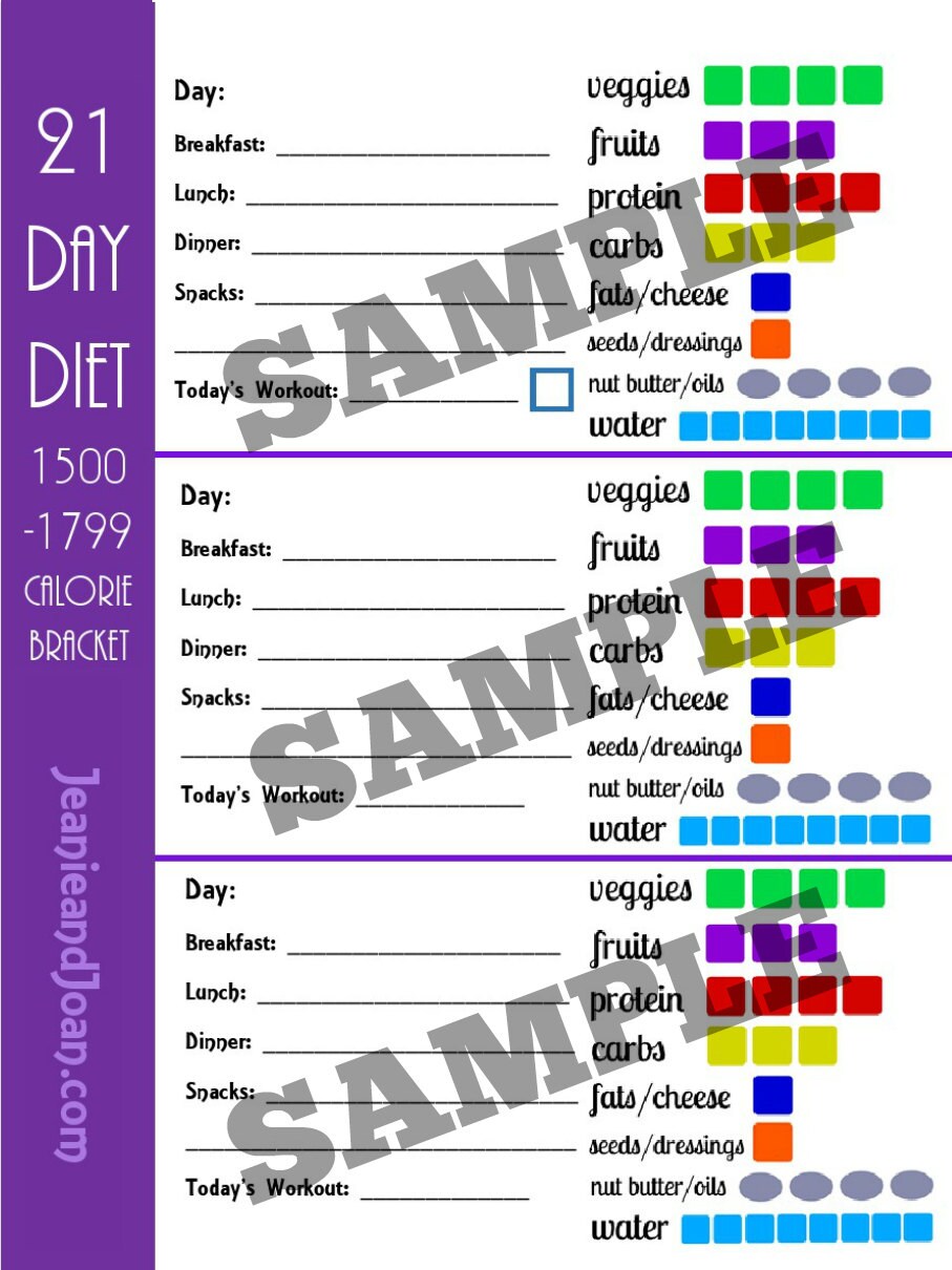21 Day Portion Control Diet Printable 1500-1799 Calorie Container ...