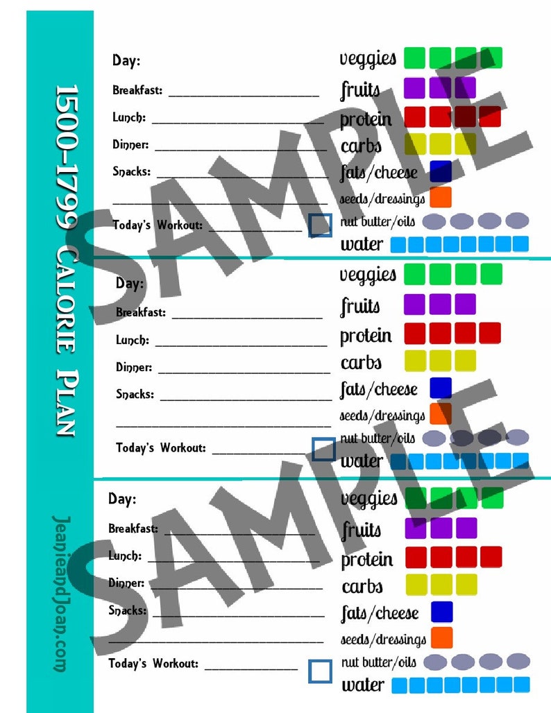 1500-1799 Calorie Planner for Portion Control Diet: 5 Page PDF ...