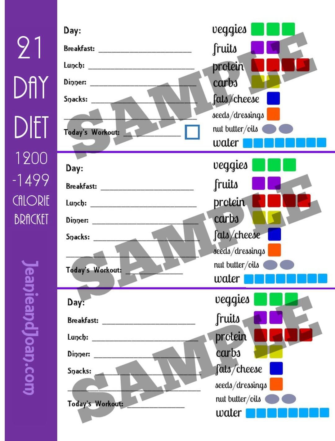 21 Day Portion Control Diet Printable 1200-1499 Calorie Container ...