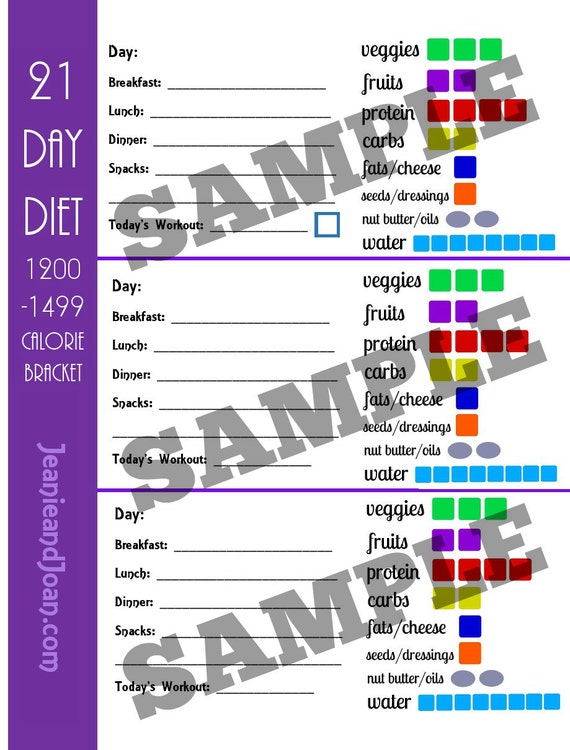 21 Day Portion Control Diet Printable 1200-1499 Calorie | Etsy