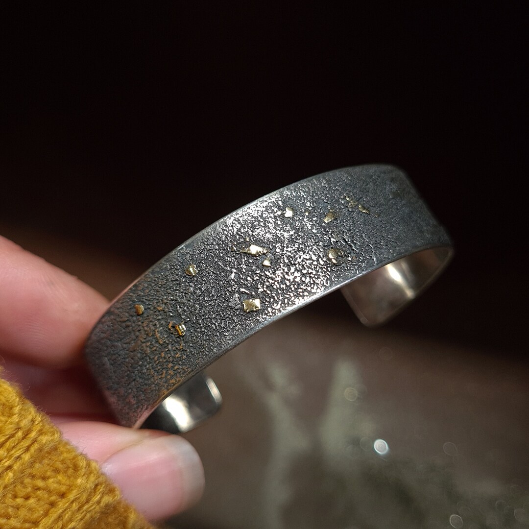 Sterling Silver & 18ct Gold 'relic' Cuff Bracelet . Oval Fit - 7 Inches ...