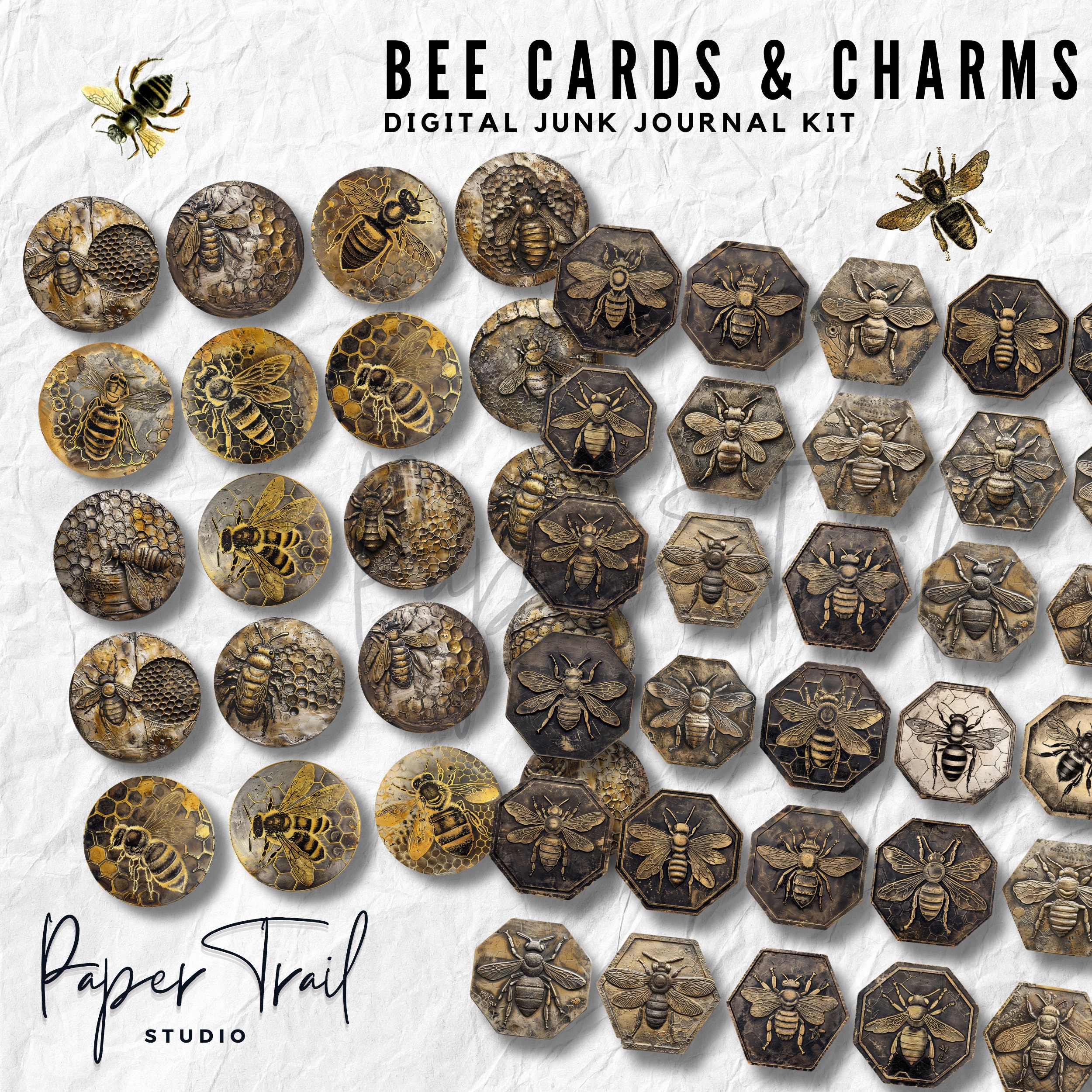 Digital Junk Journal Kit -bee Cards and Charms, Digital Download ...