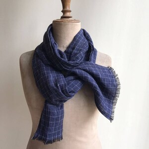 Checkered Linen Scarf, Gift for Him, Dark Blue Scarf, Gift for Men ...