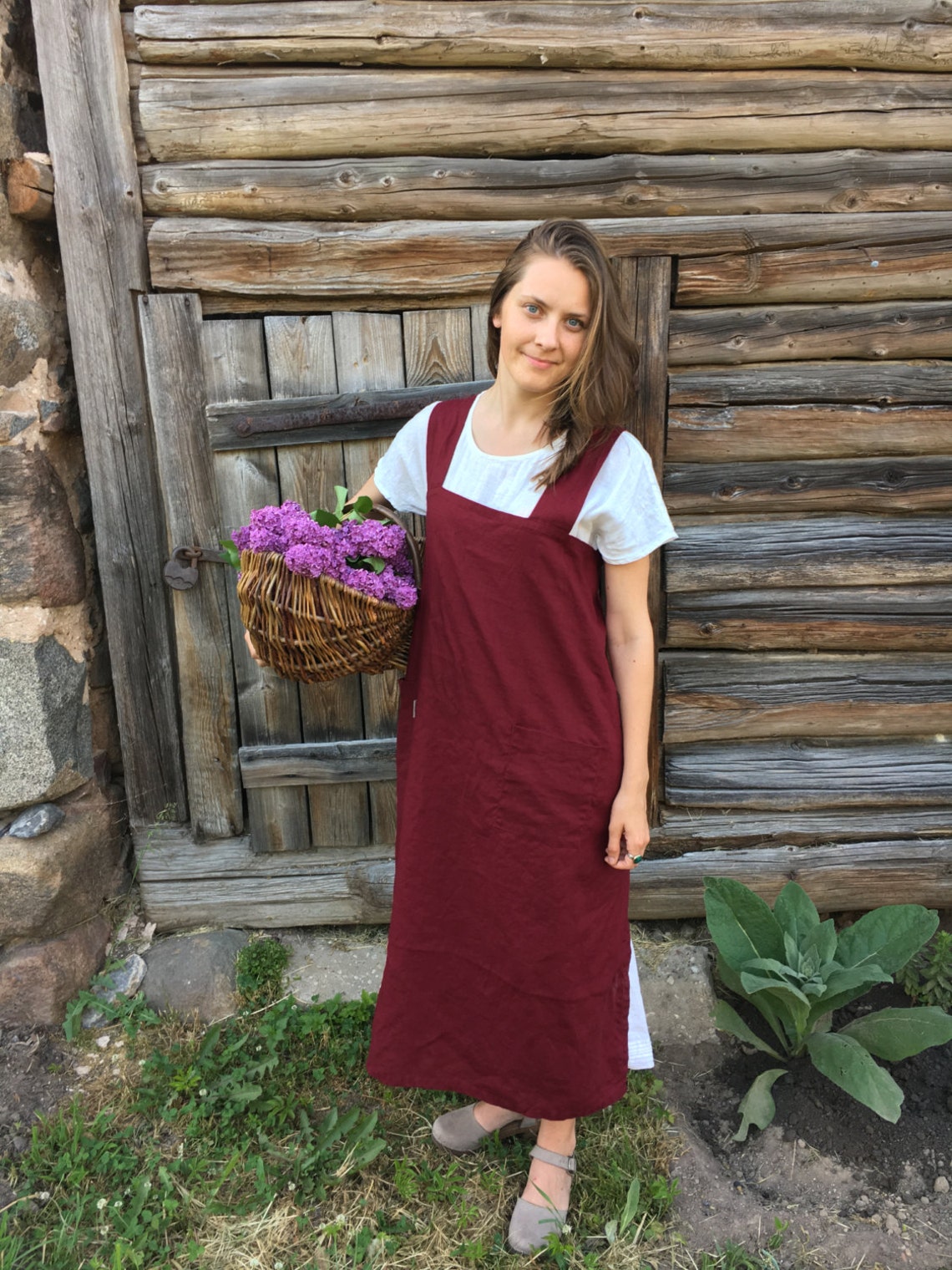 Linen Pinafore Apron, Japanese Apron, Long Linen Apron, Kitchen Apron ...