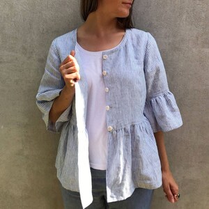 Ready to Ship:linen Jacket With Ruffles, Size L, Fluted Sleeve Top ...