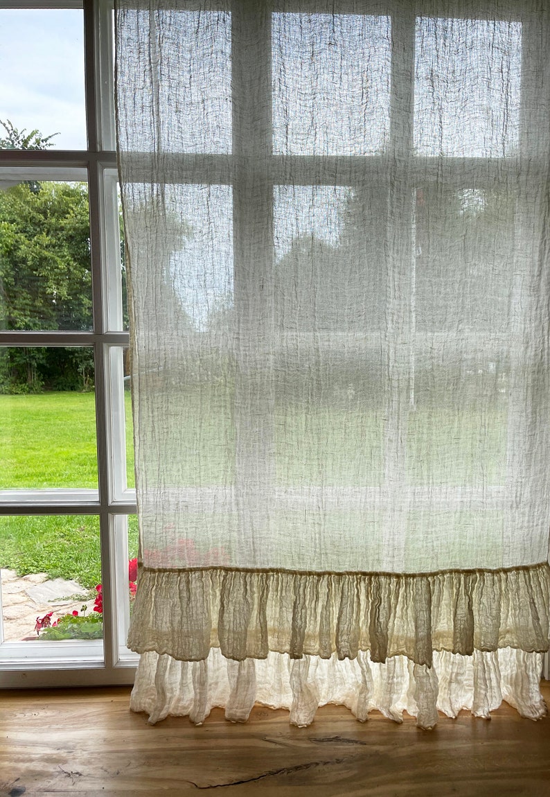 Ruffled Linen Gauze Curtain Panel, off White Rustic Gauze Linen Window ...