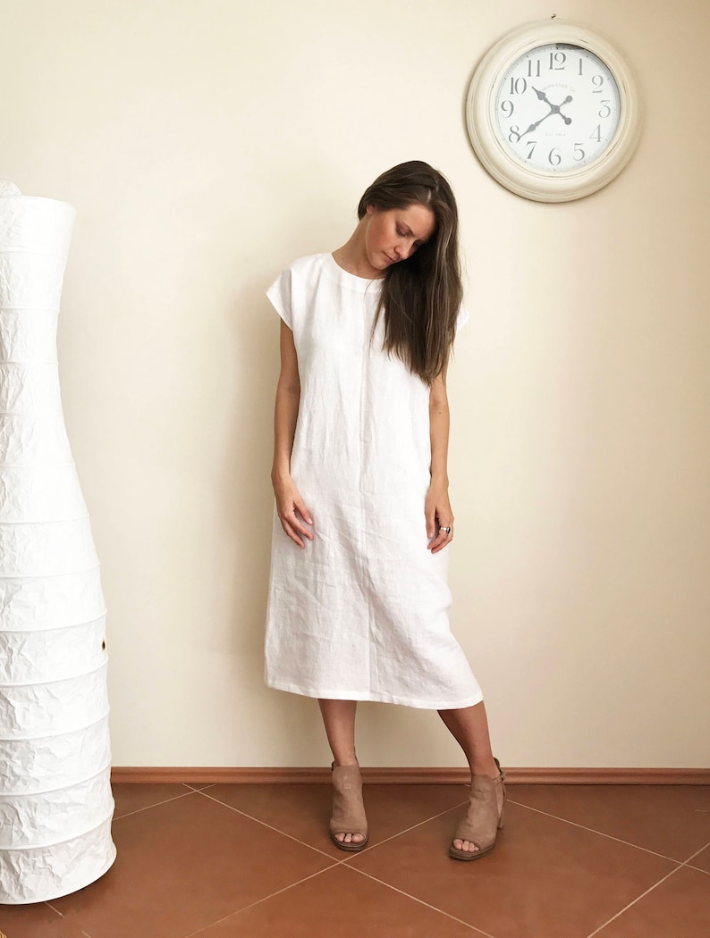 Long Linen Dress With Short Sleeves, Simple Linen Dress, Long Tunic ...