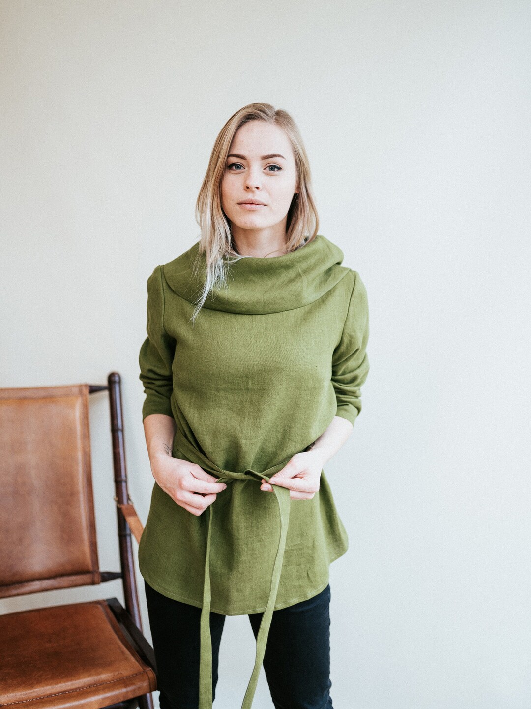 Elegant Linen Tunic Top With Raised Neck 'charlotte' Green, Womens ...