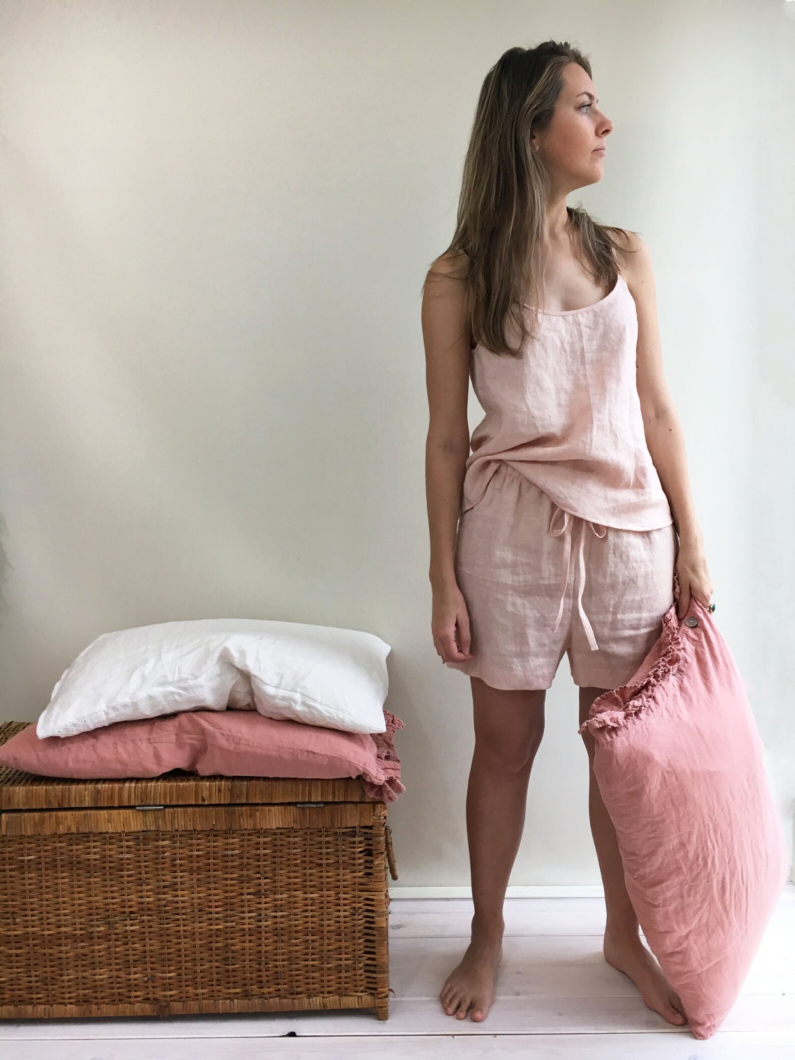 Linen Pyjama, Pink Pajama, Pajama Shorts and Top, Pajama Loungewear ...