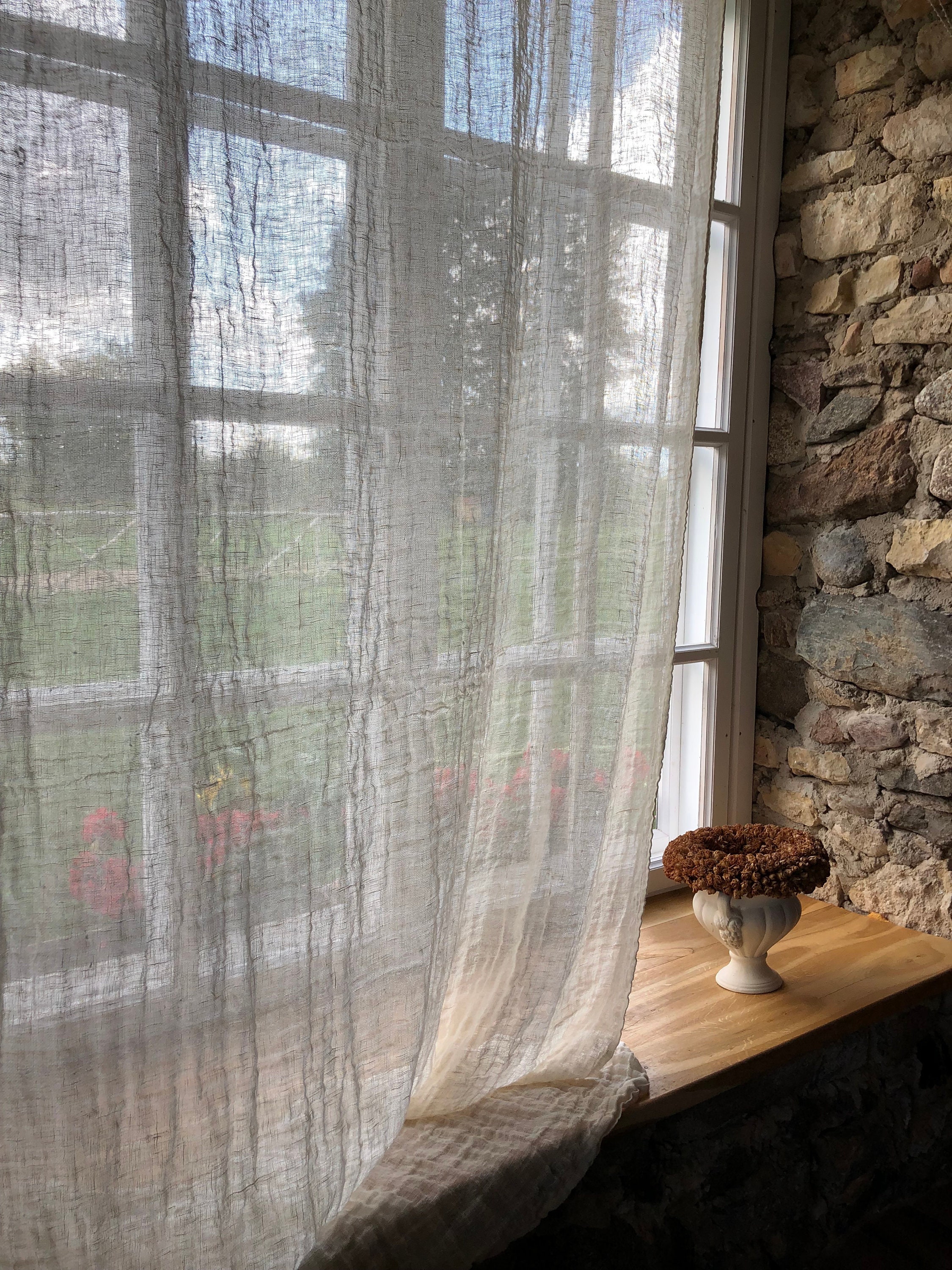 Off White Rustic Gauze Linen Curtain Panel, Window Curtains, Sheer ...