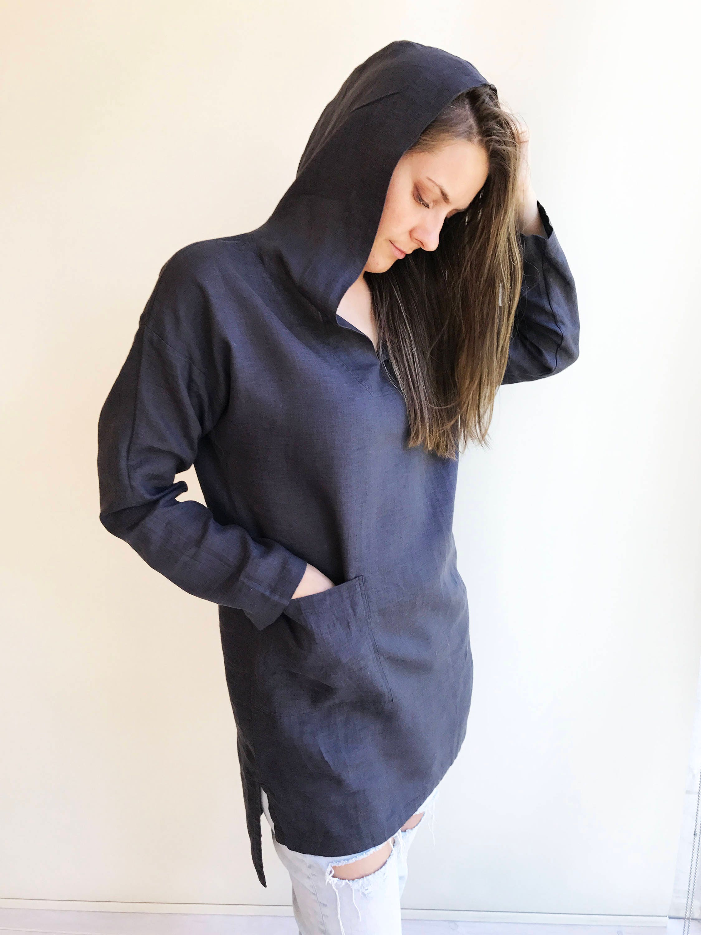 Ready To Ship Size L Tunic With A Hood Linen Tunic Top Hooded Top