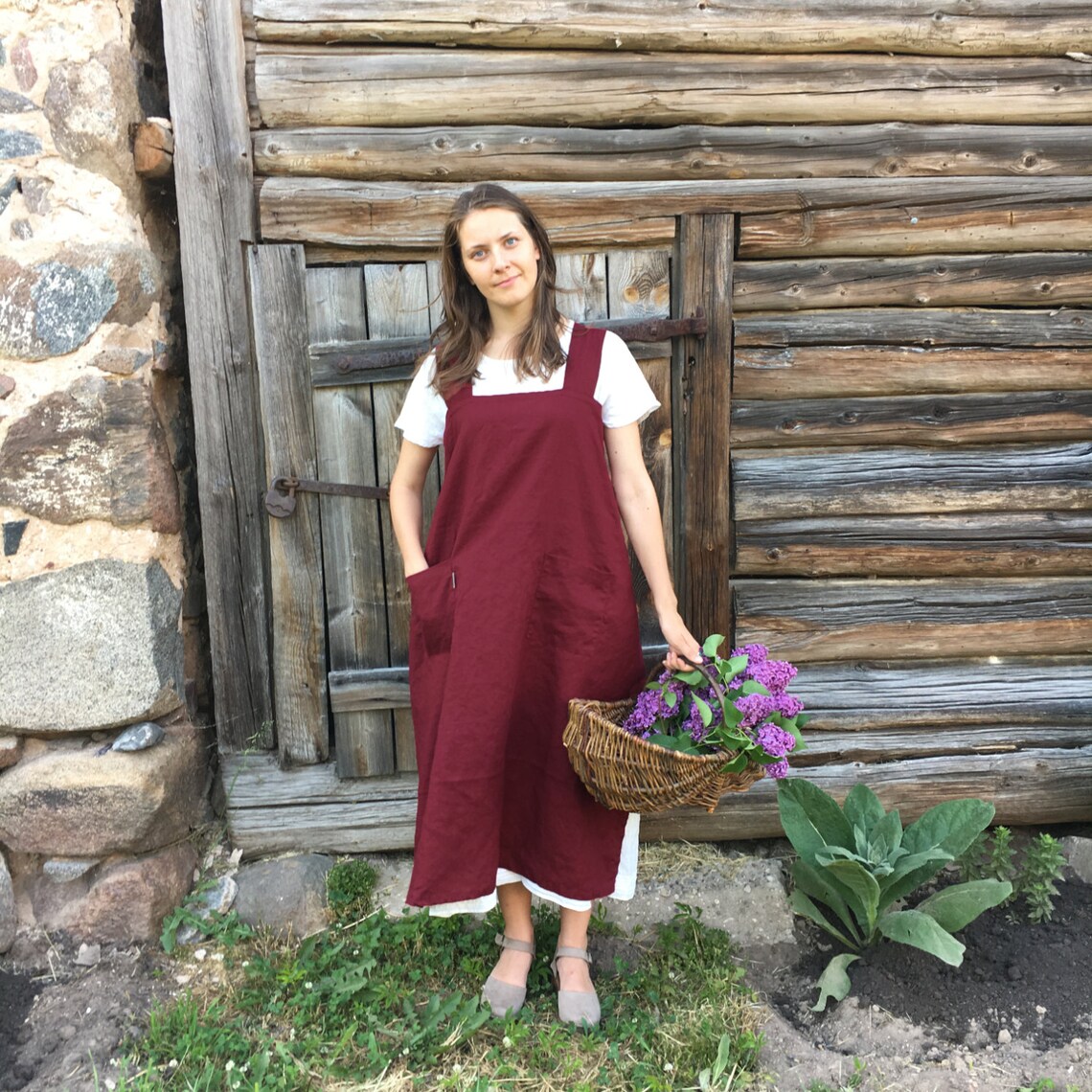 Linen Pinafore Apron, Japanese Apron, Long Linen Apron, Kitchen Apron ...