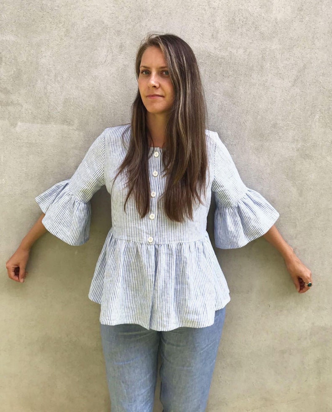 Ready to Ship:linen Jacket With Ruffles, Size L, Fluted Sleeve Top ...